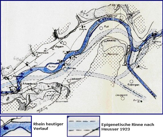 Flussverläufe des Rheins im Verlauf der Aaremündung